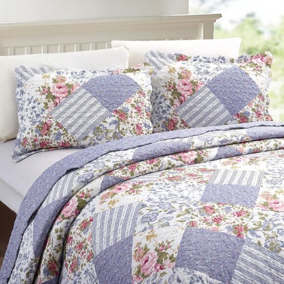 Other | Rose Violet Patchwork 3piece Quilt Set With 2 Shams Reversible ...